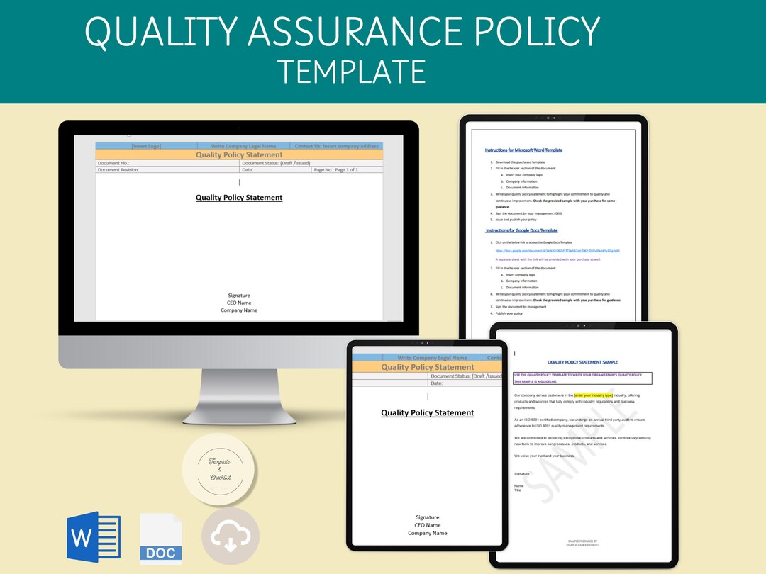 Quality Assurance Policy Template| MS Word Template |quality Management ...