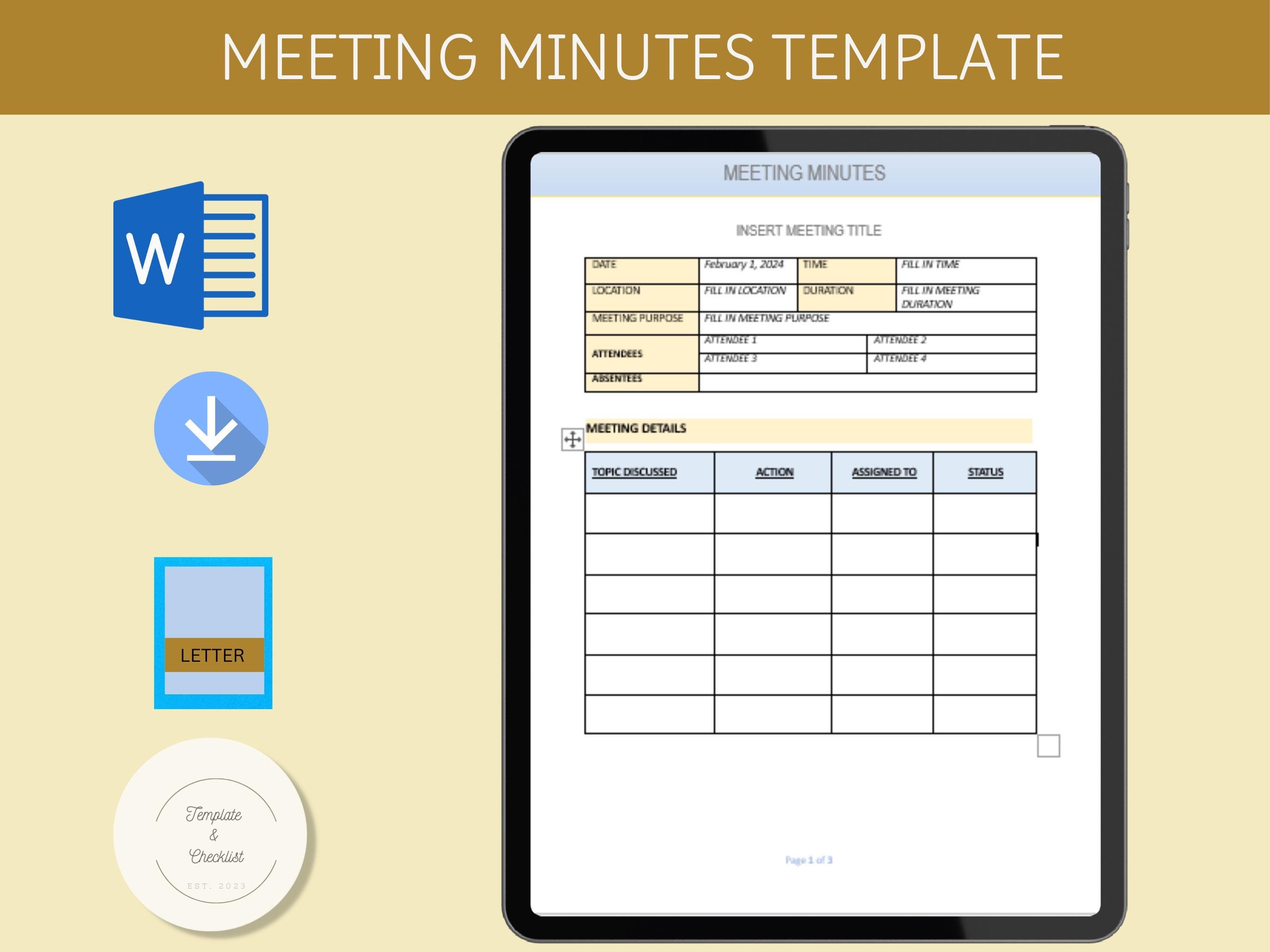 Meeting Minutes Template: Editable Project Notes (MS Word & Google Docs ...