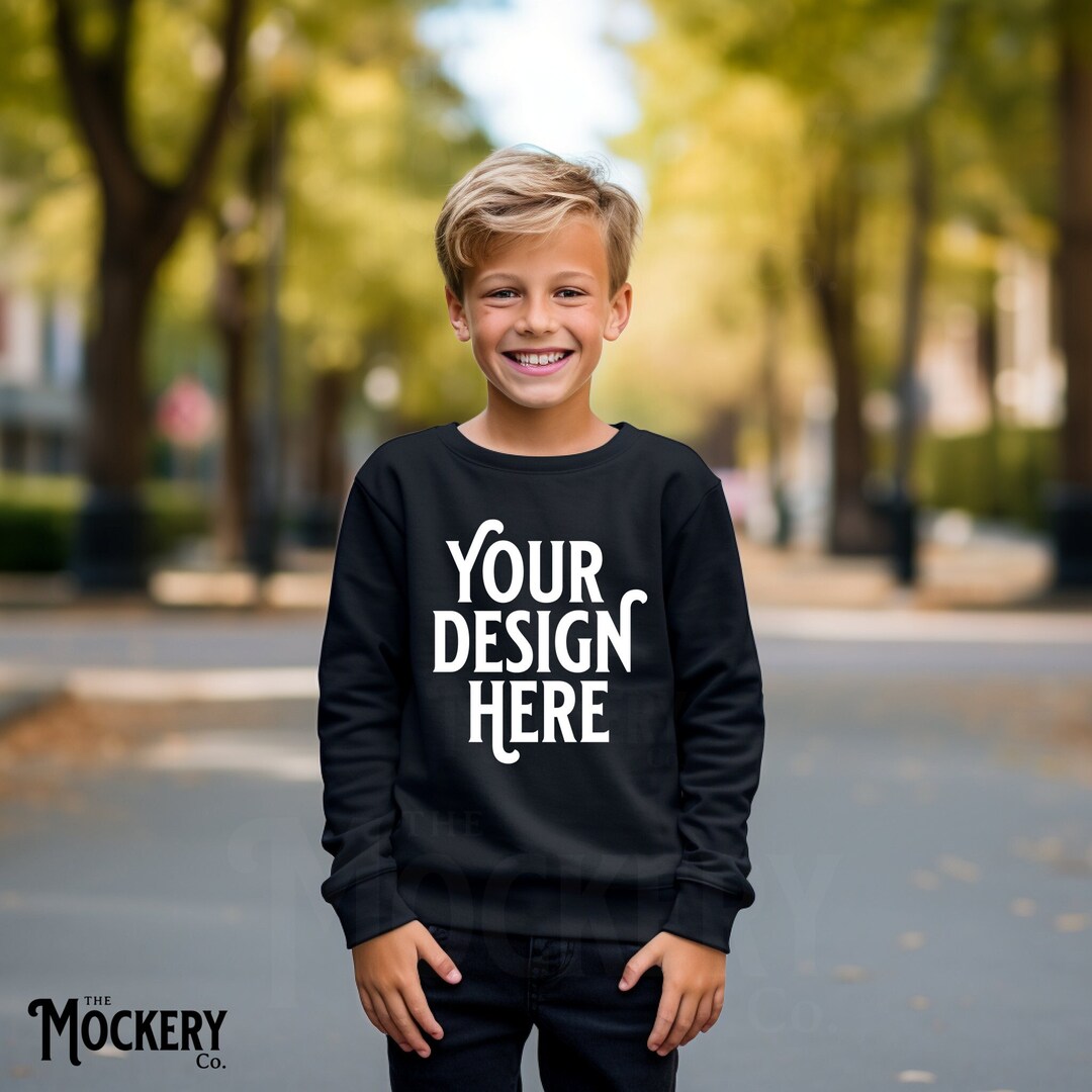 Blonde Boy Black Sweatshirt Mockup | Youth Gildan 18000b Black Crewneck ...