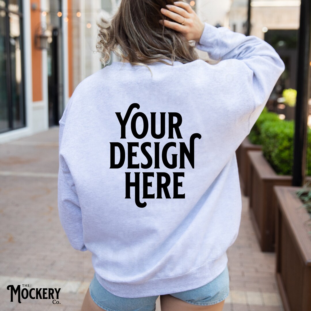 Ash Gildan 18000 Back of Sweatshirt Mockup | Oversized Gildan Light ...