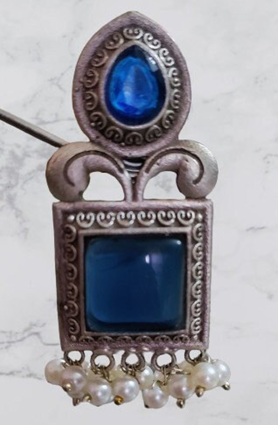 Beautiful Royal Blue Stone Work Sliver Replica Women Party Wear Jewelry ...