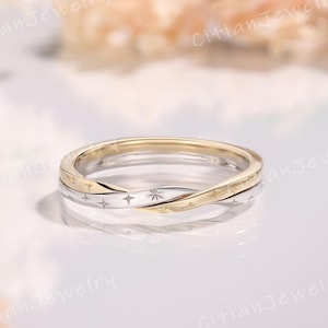 Minimalist Two Tone Star Wedding Band Yellow Gold White Gold Twisted ...