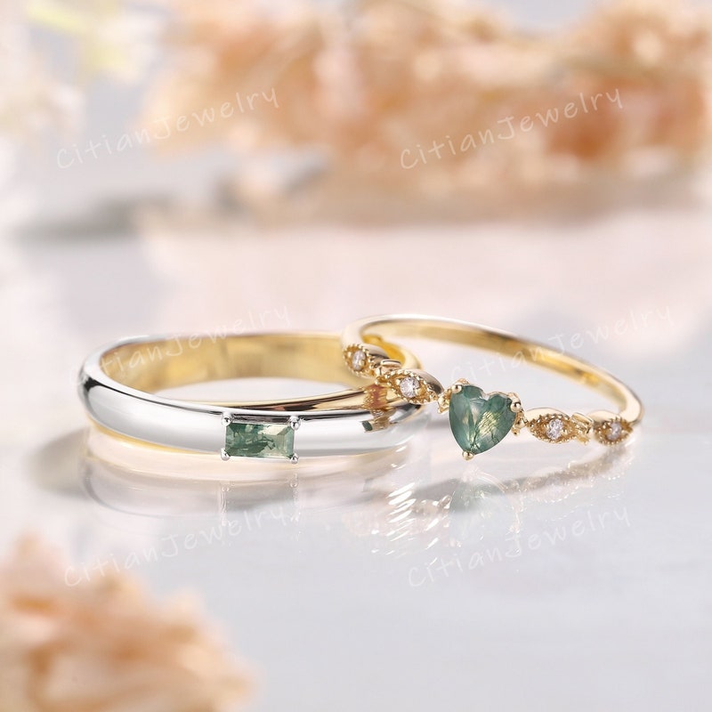 Moss Agate Ring Couple Set - Etsy