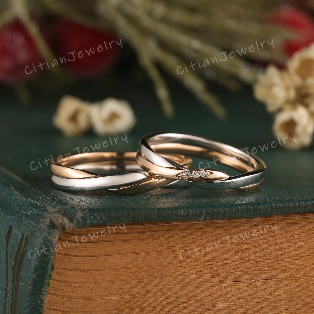 2pcs Two Tone Couple Ring Set Rose Gold White Gold Twisted Ring Couple ...