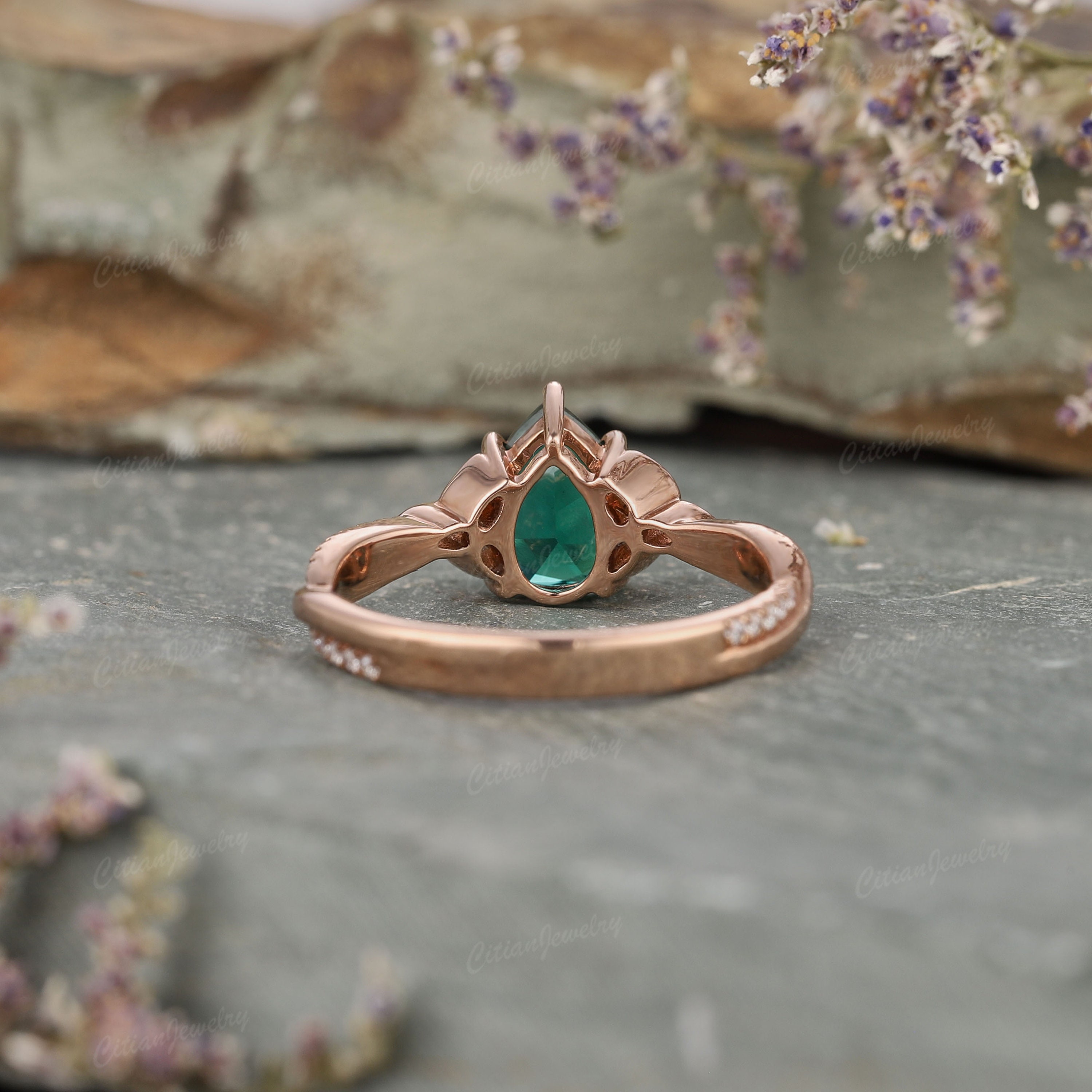 Pear Shaped Emerald Engagement Ring Celtic Ring Rose Gold Infinity Solitaire Unique Vintage ...