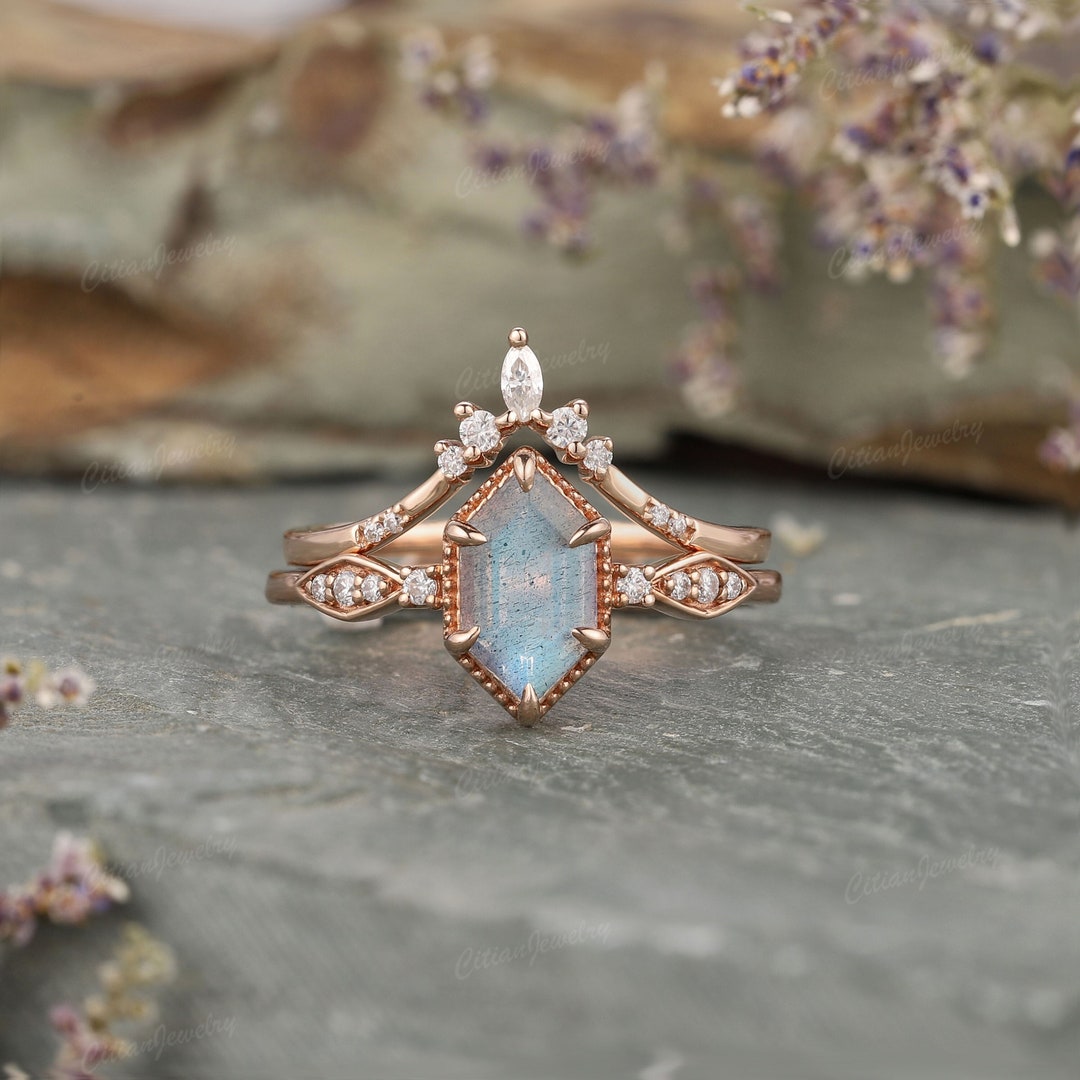 Hexagon Labradorite Engagement Ring Vintage Art Deco Ring Set 2pcs 14k ...