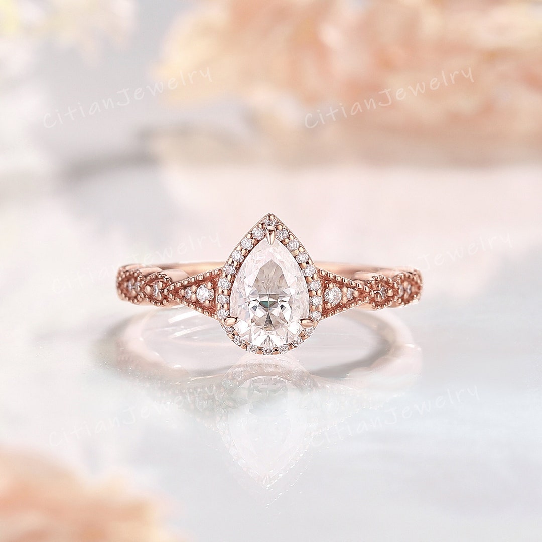 Unique Pear Cut Moissanite Engagement Ring Rose Gold Halo Ring Wedding ...