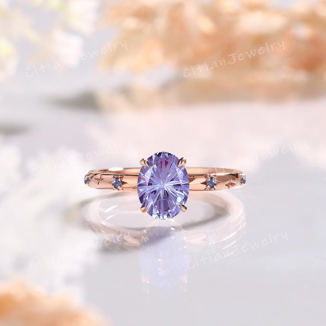 Unique Star Firework Cut Oval Cut Alexandrite Engagement Ring Rose Gold ...