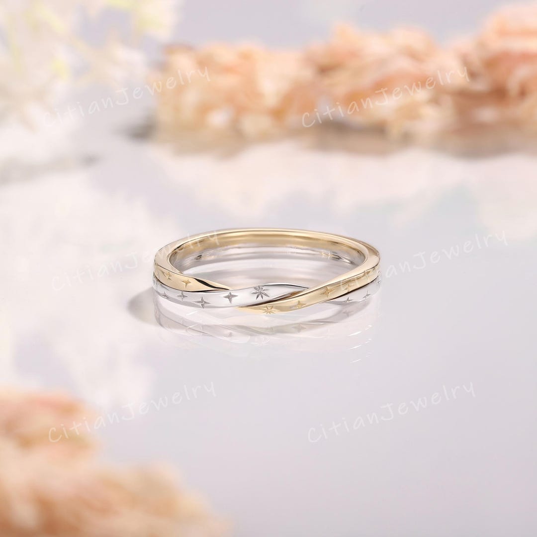 Minimalist Two Tone Star Wedding Band Yellow Gold White Gold Twisted ...