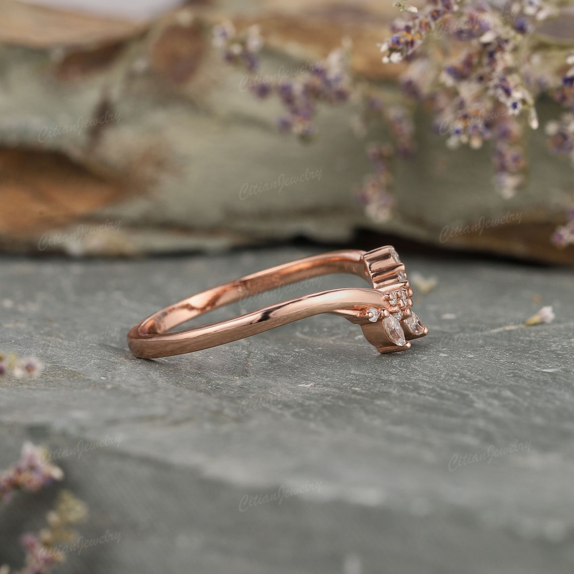 Marquise Cut Moissanite Wedding Band Leaf Band Vintage Delicate Rose ...