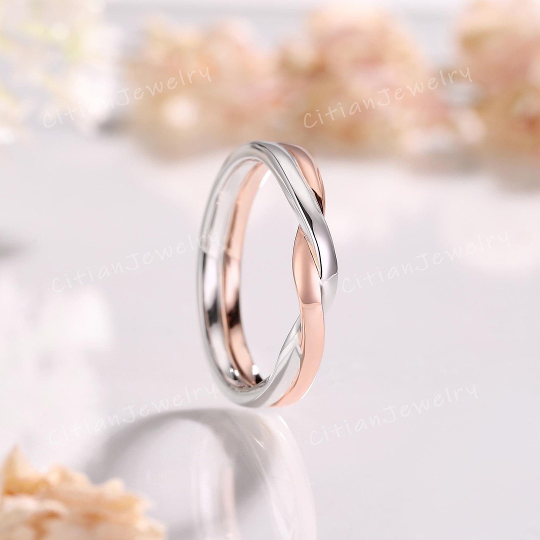 Unique Two Tone Ring Wedding Band Rose Gold White Gold Twisted Ring Men ...
