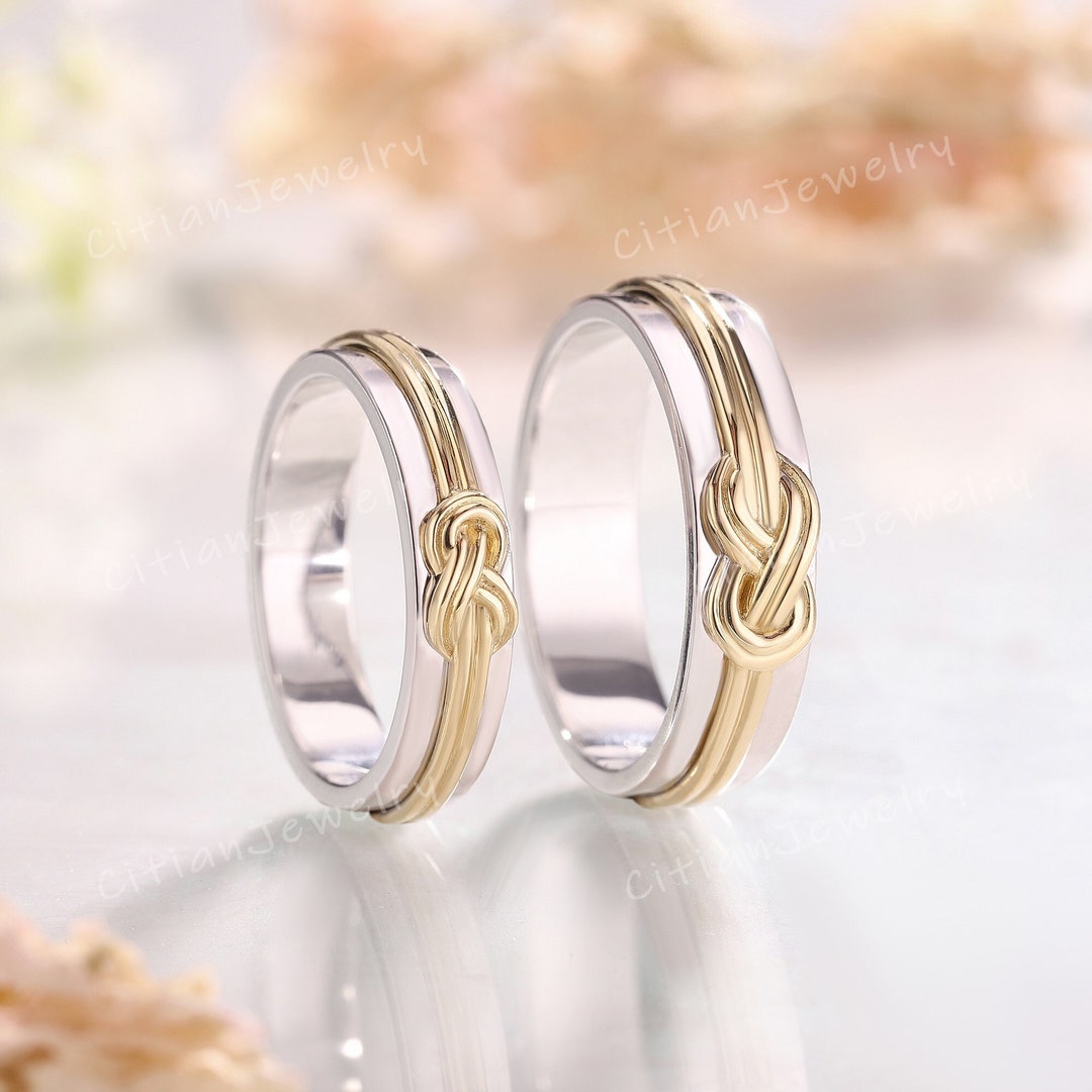 Unique Two Tone Couple Ring Yellow Gold White Gold Knot Ring Wedding ...