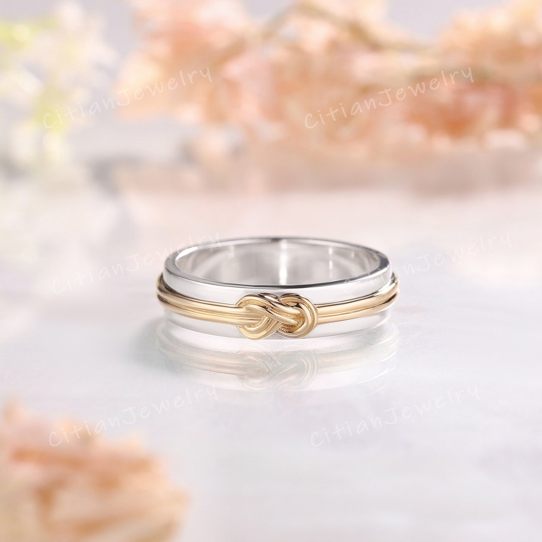 Minimalist Two Tone Wedding Band Yellow Gold White Gold Knot Ring ...