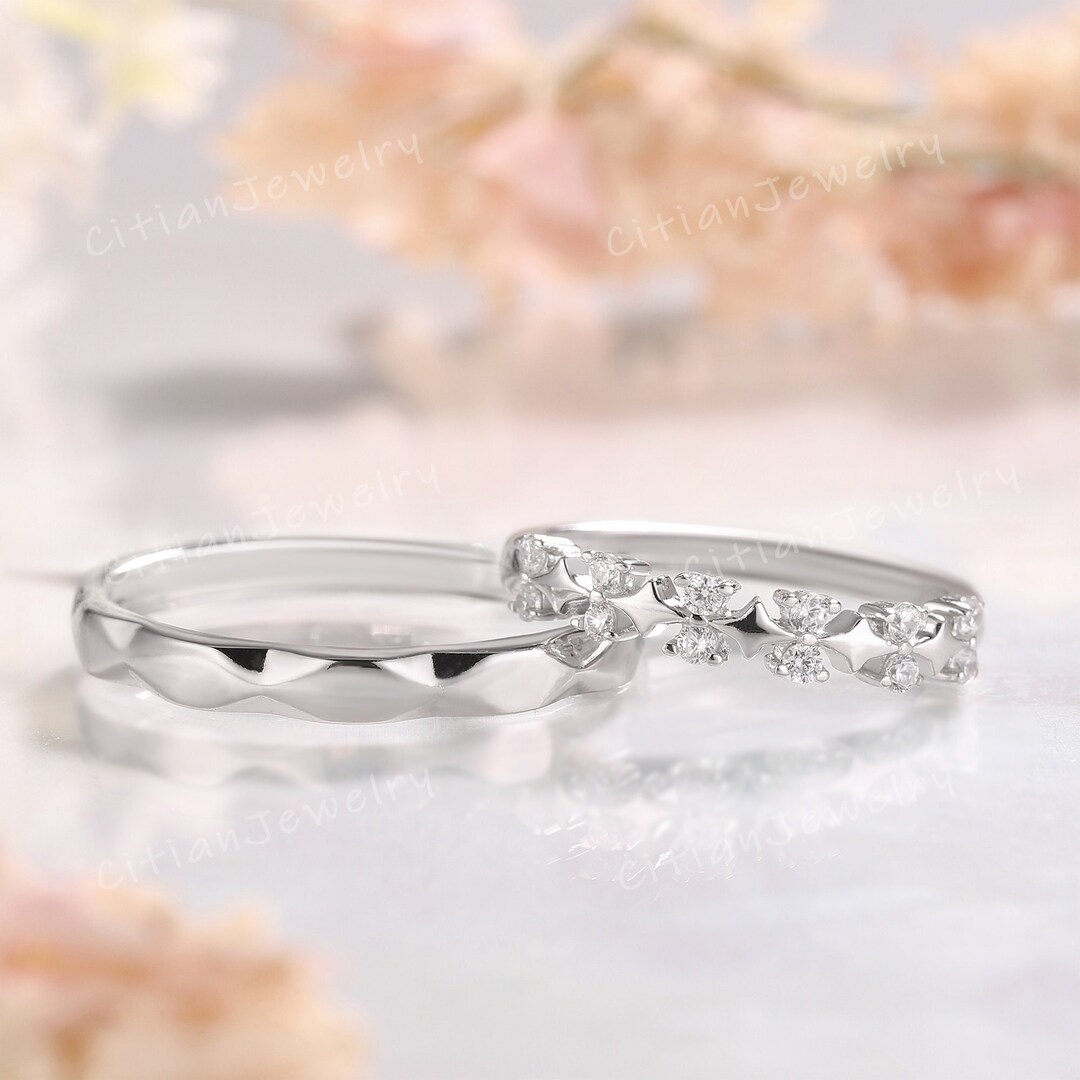 Unique Moissanite Star Couple Rings White Gold Stacking Matching Ring ...