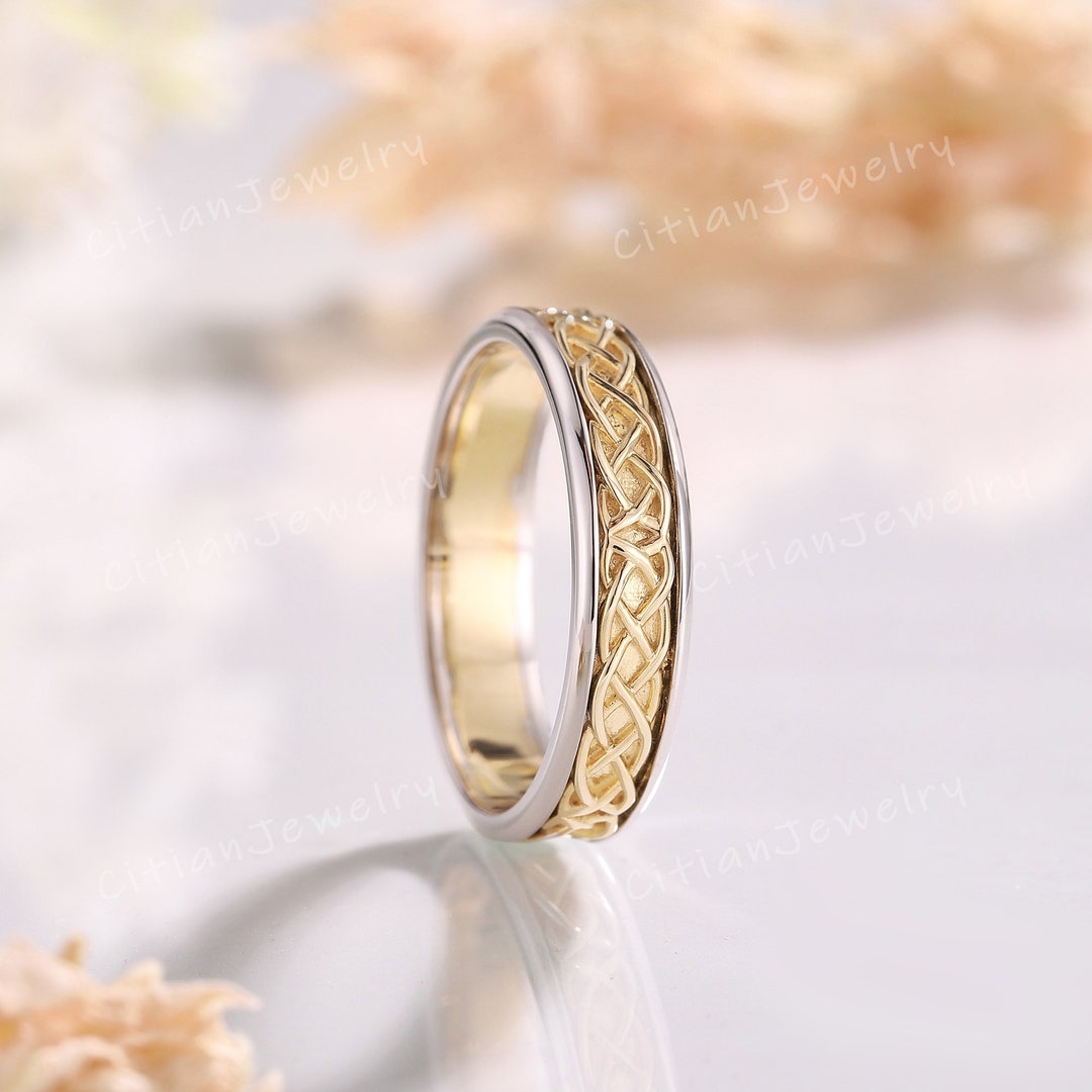 Unique Two Tone Wedding Band Yellow Gold White Gold Vine Ring Handmade ...