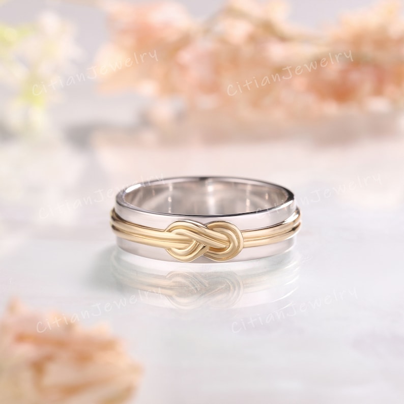 Unique Two Tone Couple Ring Yellow Gold White Gold Knot Ring Wedding ...