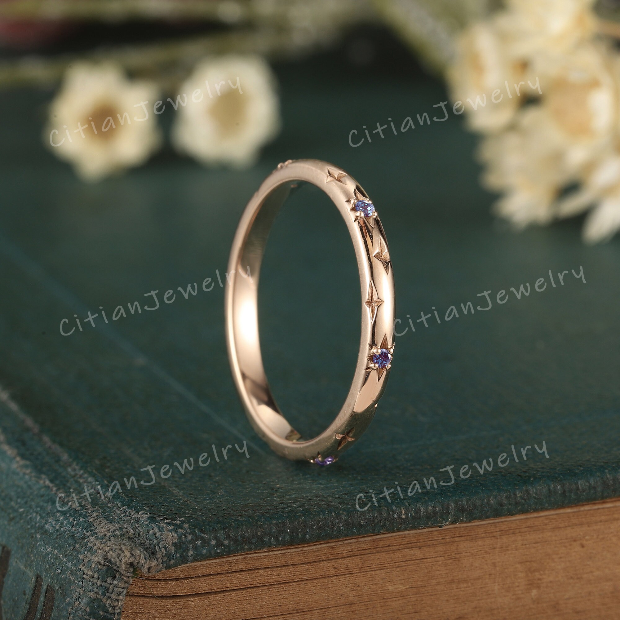 Unique Star Alexandrite Wedding Band Rose Gold Handmade Ring Wedding ...