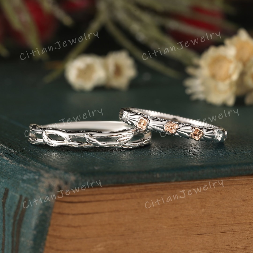 Minimalist Straight Wedding Band Set White Gold Couple Ring Floral Twig ...