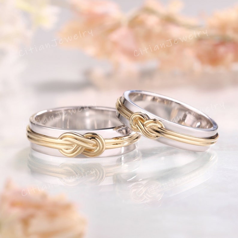 Unique Two Tone Couple Ring Yellow Gold White Gold Knot Ring Wedding ...