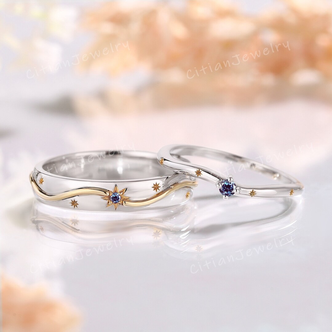2pcs Two Tone Star Alexandrite Couple Ring Yellow Gold White Gold ...