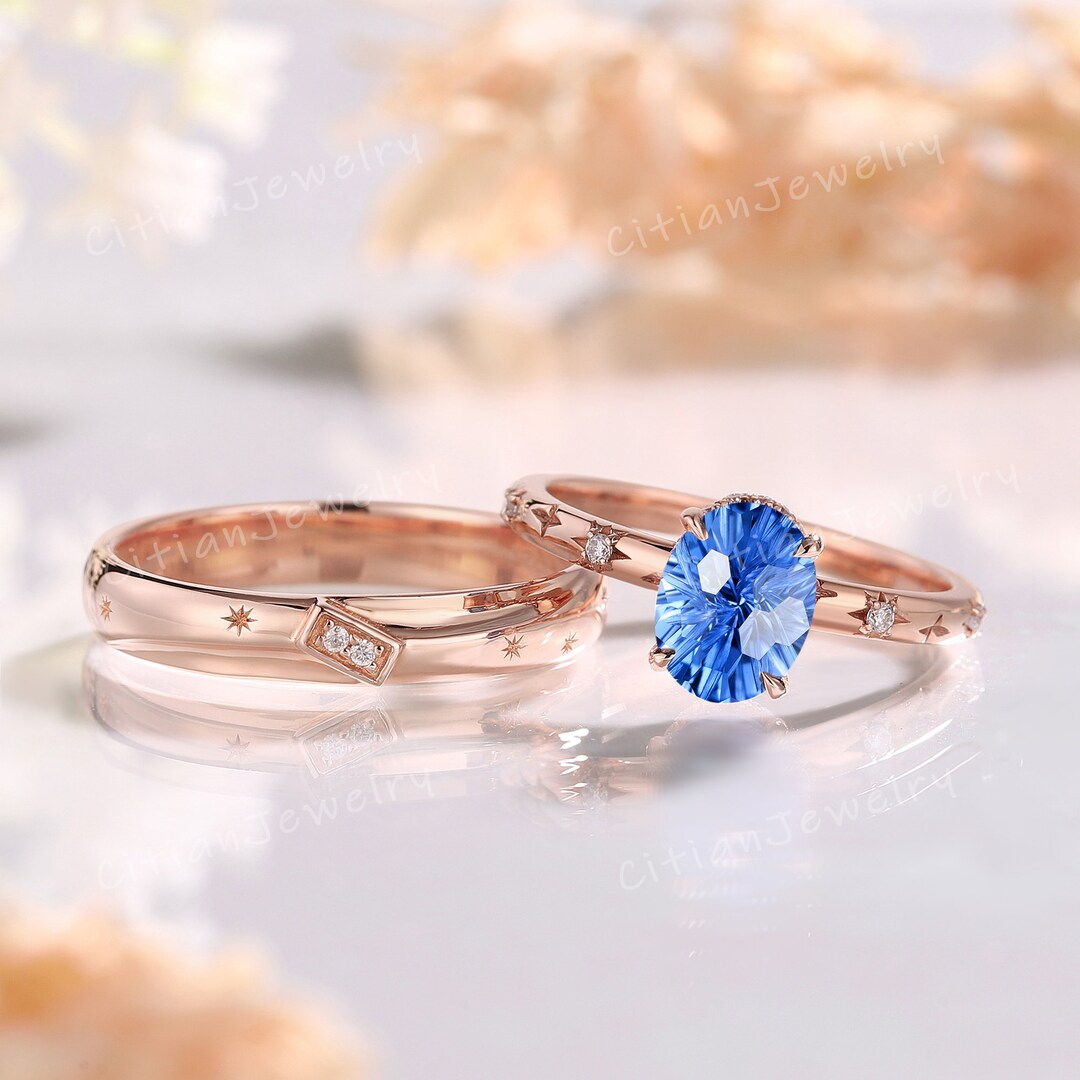 Unique Firework Cut Sapphire Couple Ring Set Rose Gold Star Ring ...