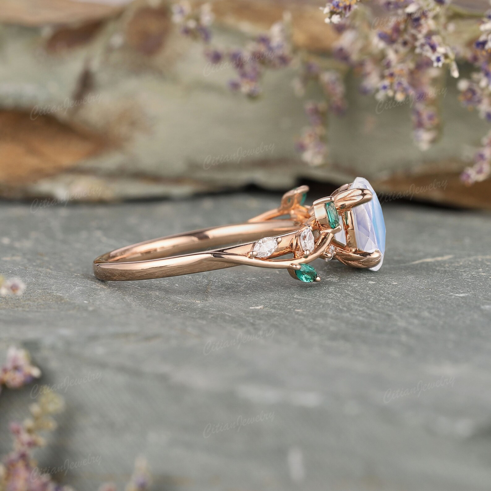 Natural Moonstone Ring Emerlad Leaf Rainbow Moonstone Jewelry White ...