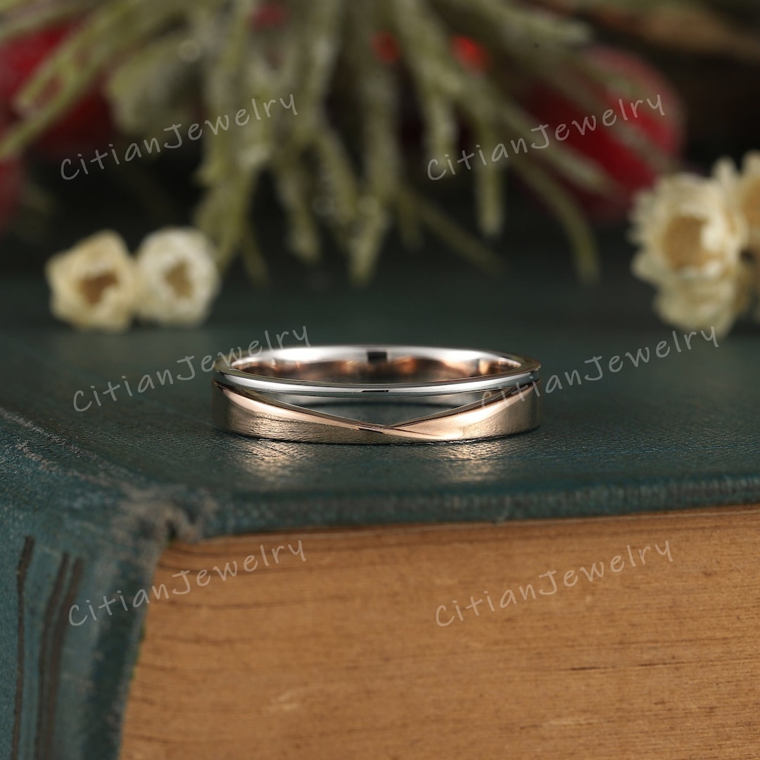 Unique Two Tone Ring Mens Wedding Band Rose Gold White Gold Wedding ...