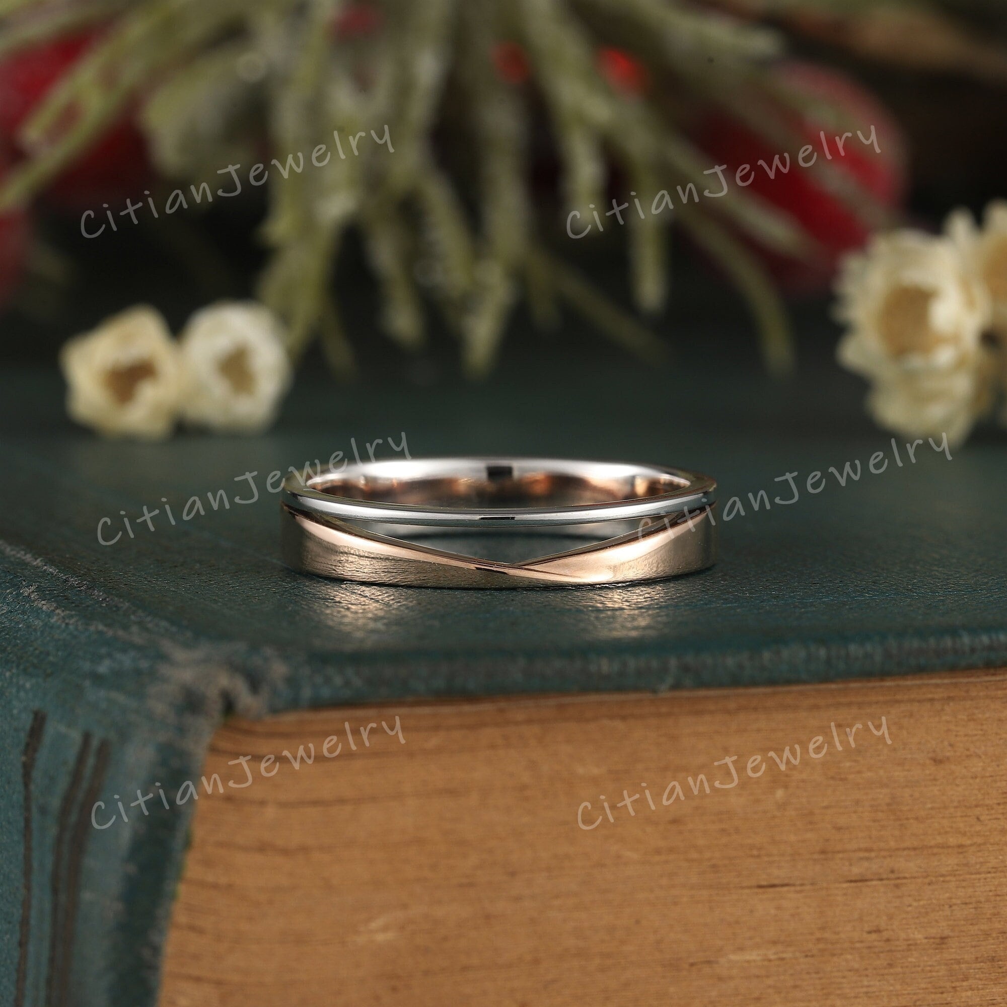 Unique Two Tone Ring Mens Wedding Band Rose Gold White Gold Wedding Ring Handmade Ring ...