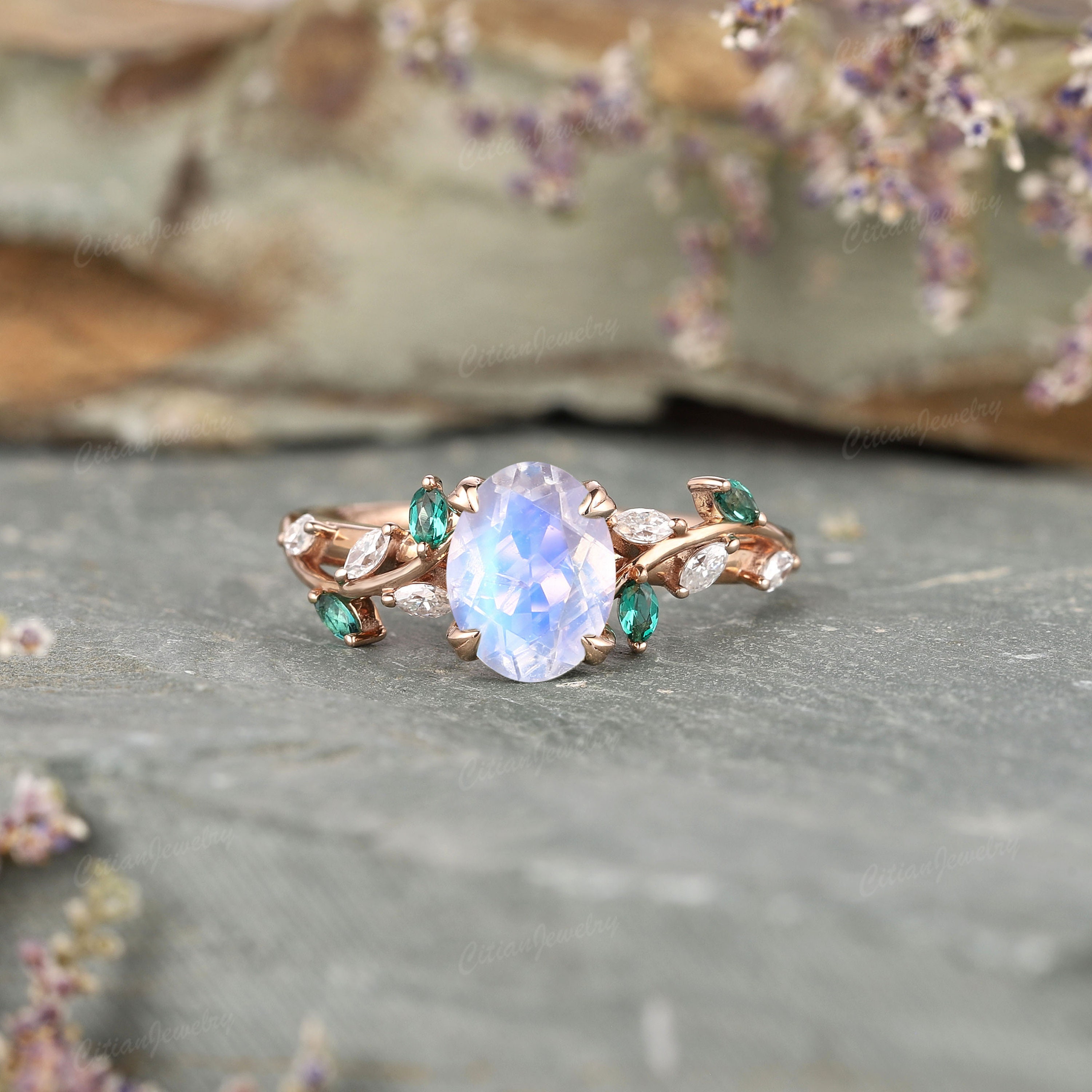 Natural Moonstone Ring Emerlad Leaf Rainbow Moonstone Jewelry White ...