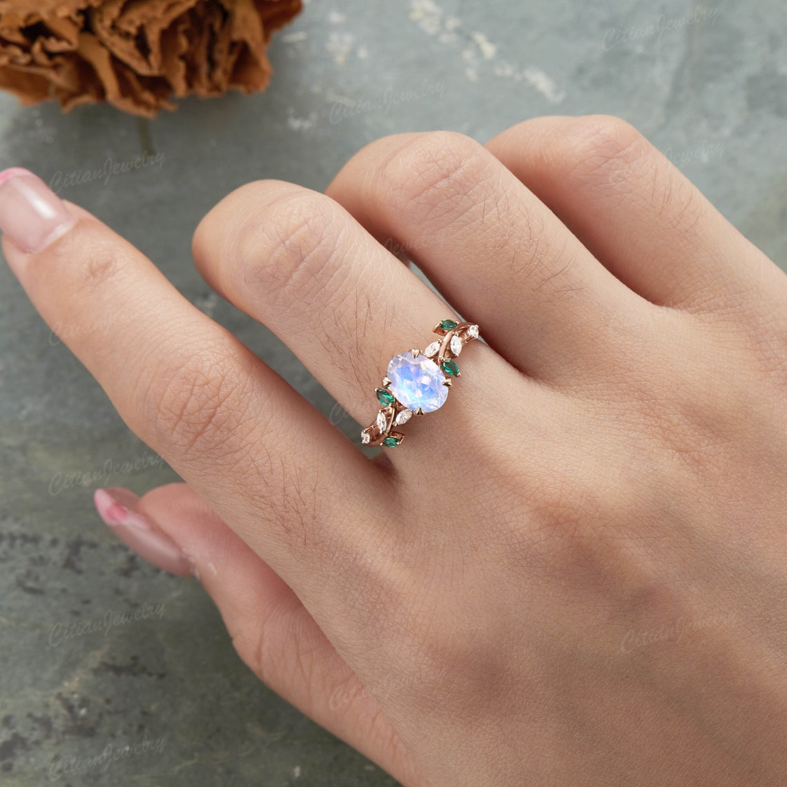 Natural Moonstone Ring Emerlad Leaf Rainbow Moonstone Jewelry White ...