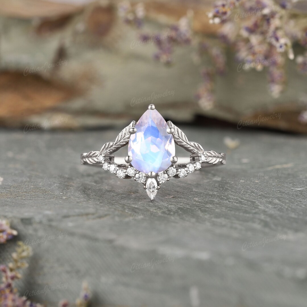 Vintage Pear Shaped Moonstone Ring Unique 14k White Gold - Etsy