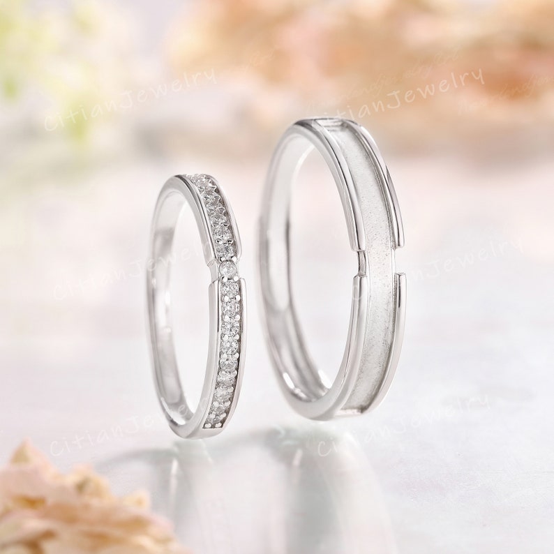 Unique Moissanite Couple Ring Set White Gold Couple Rings Half Eternity ...