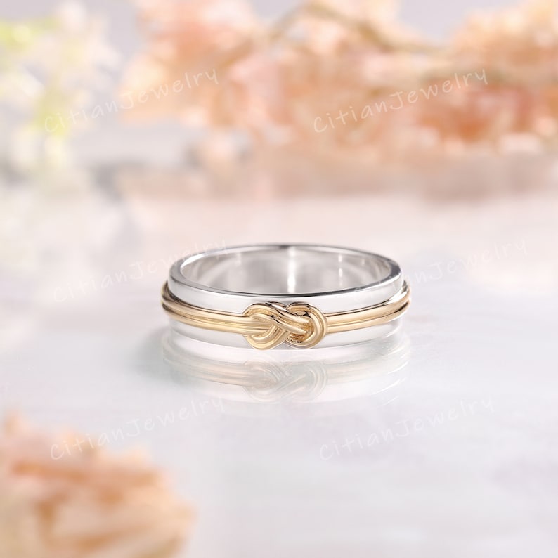 Unique Two Tone Couple Ring Yellow Gold White Gold Knot Ring Wedding ...