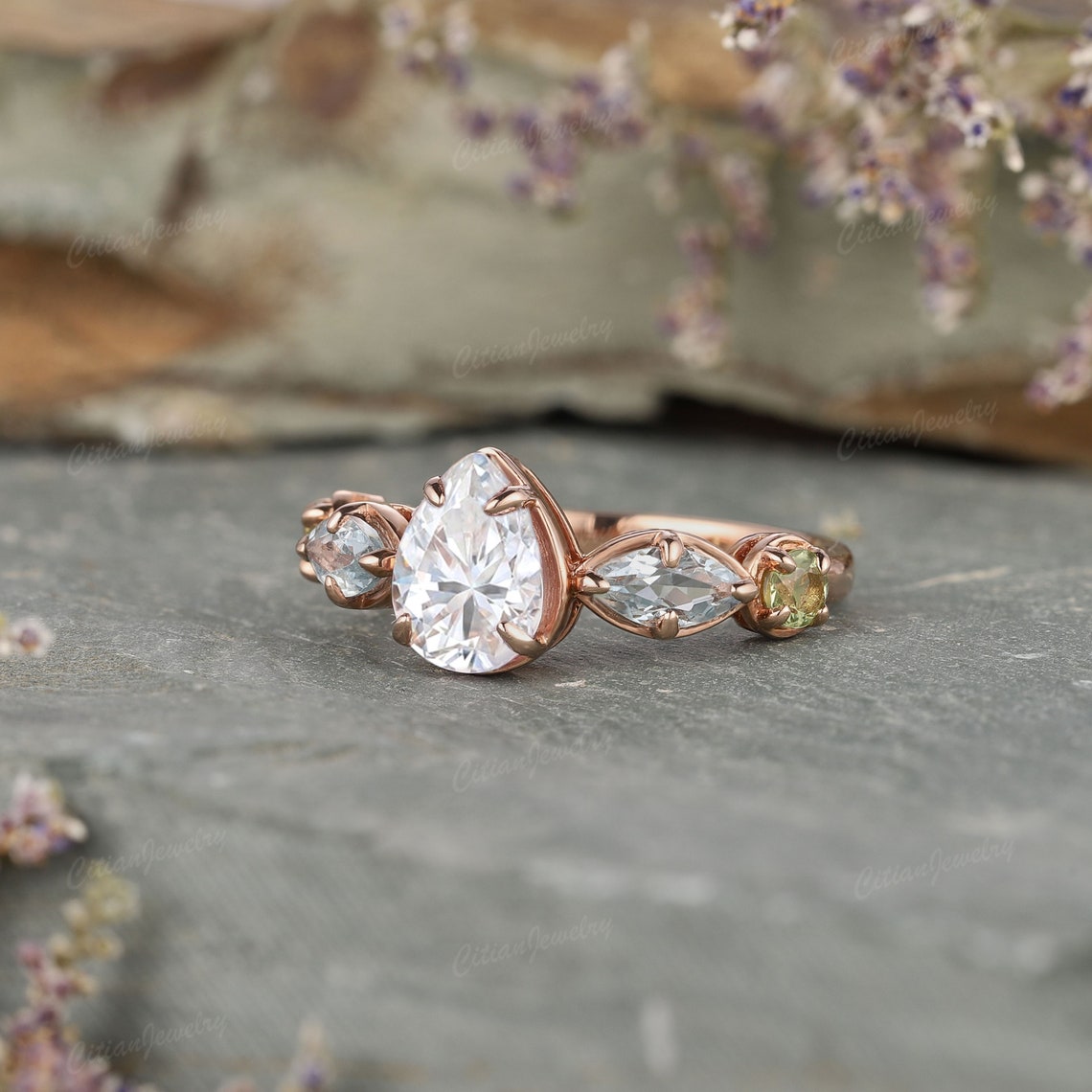 Pear Shaped Moissanite Engagement Ring Vintage Rose Gold Moissanite ...