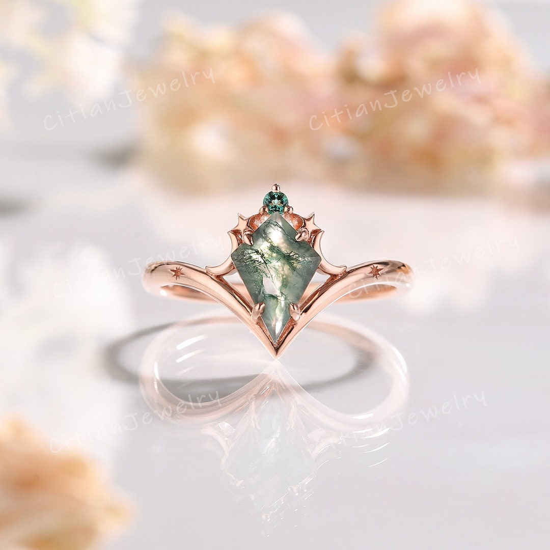Unique Star Kite Cut Moss Agate Engagement Ring Rose Gold Star Ring ...