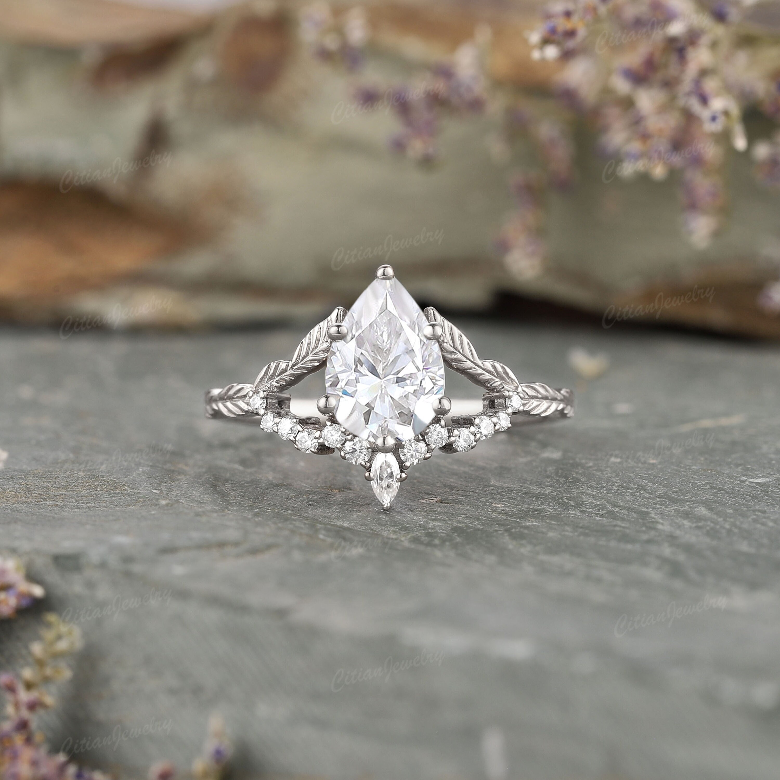 Pear Shaped Moissanite Engagement Ring Rose Gold Wedding Ring Cluster ...