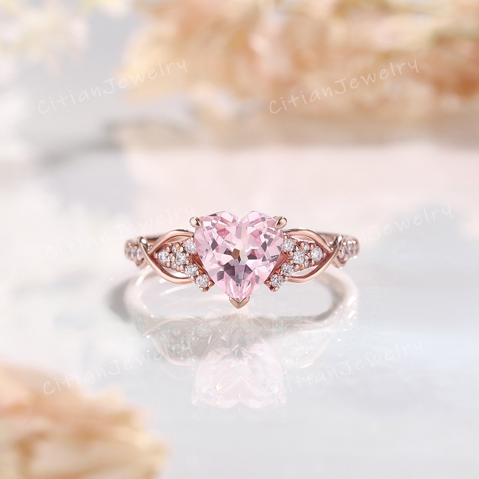 Unique Heart Cut Pink Sapphire Engagement Ring Rose Gold Vine Ring ...