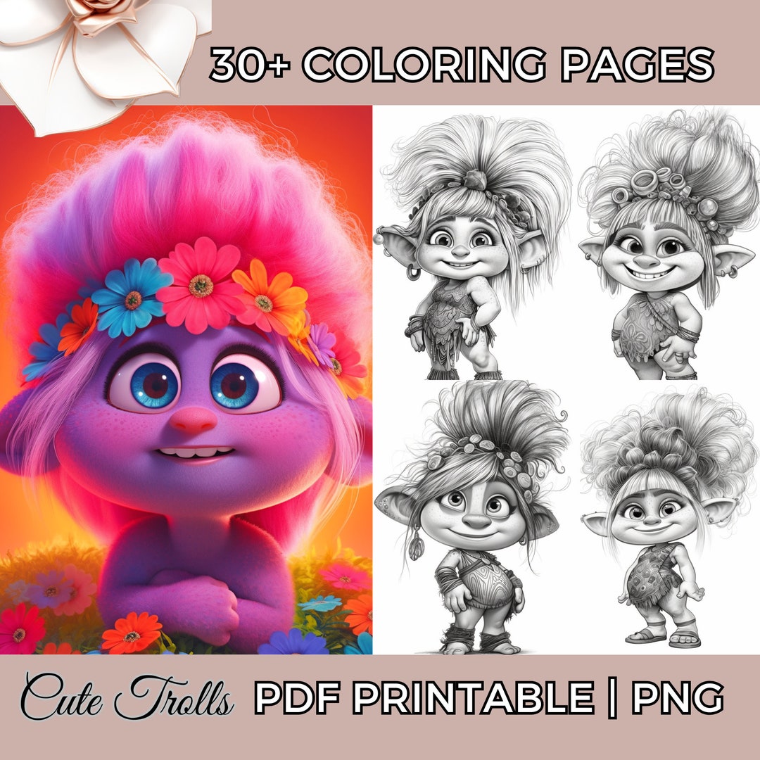 Magical Enchanted Cute Trolls Realistic Grayscale Fantasy Coloring Book ...