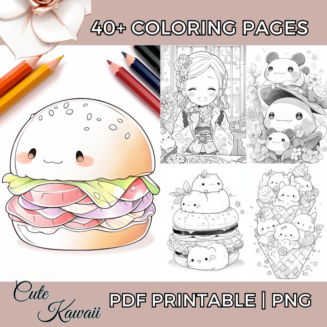 Cute Kawaii Coloring Pages Realistic Grayscale Colouring Book Poster ...