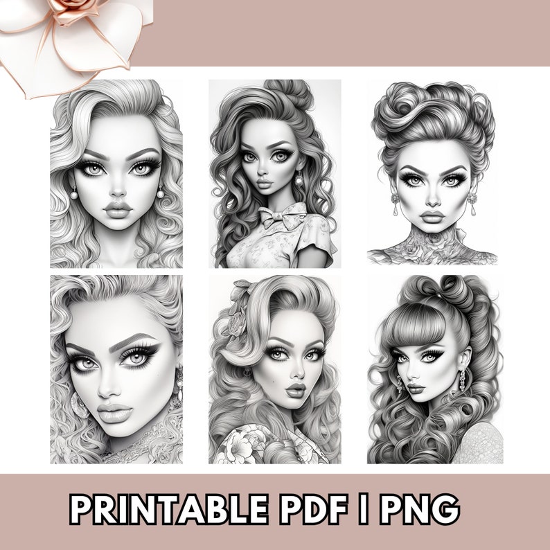 100 Beauty Queens Grayscale High Fashion Colouring Sheet Pages For Adults Hairstyle Makeup