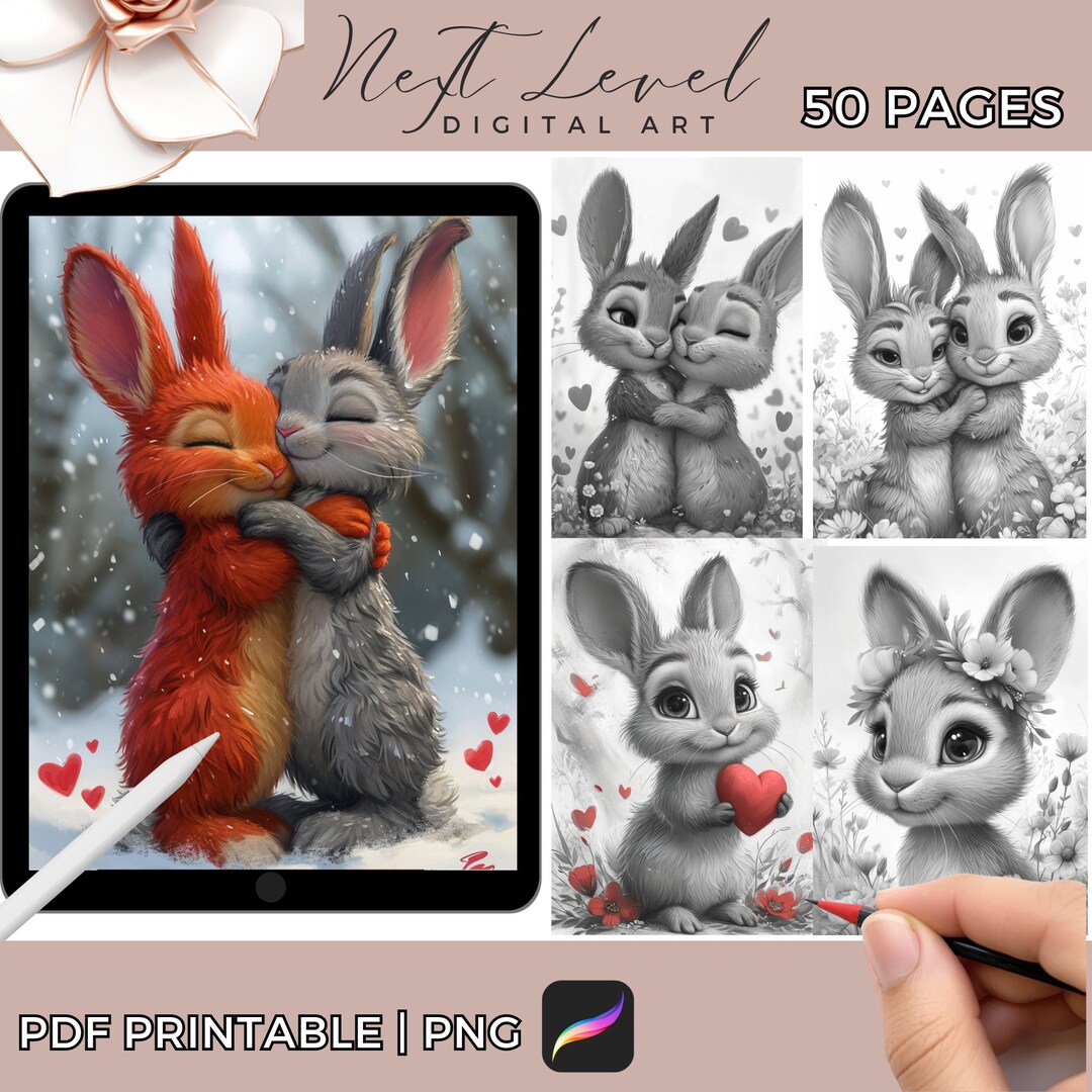 Valentine's Bunnies Coloring Pages: Grayscale PDF & PNG (digital ...