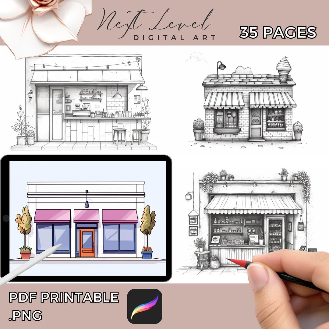 Storefront Coloring Sheets Detailed Coffeeshop Adult Coloring Printable ...