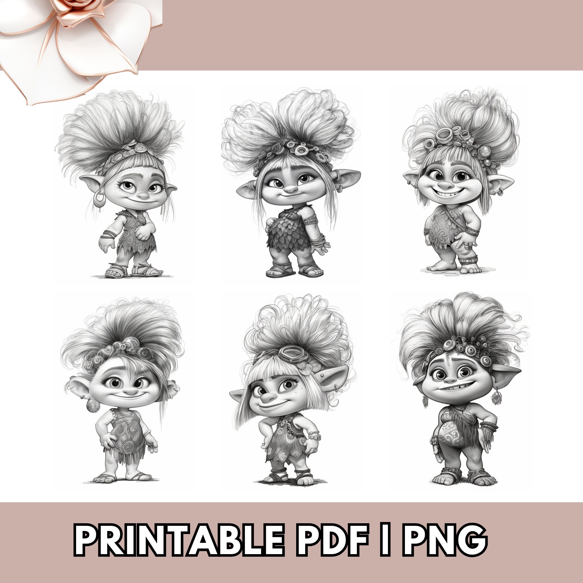 Magical Enchanted Cute Trolls Realistic Grayscale Fantasy Coloring Book ...