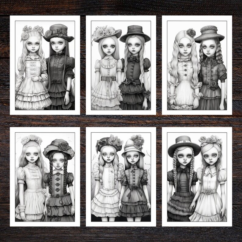 Creepy Dolls Sisters Grayscale Horror Gothic Coloring Sheet Pages for ...