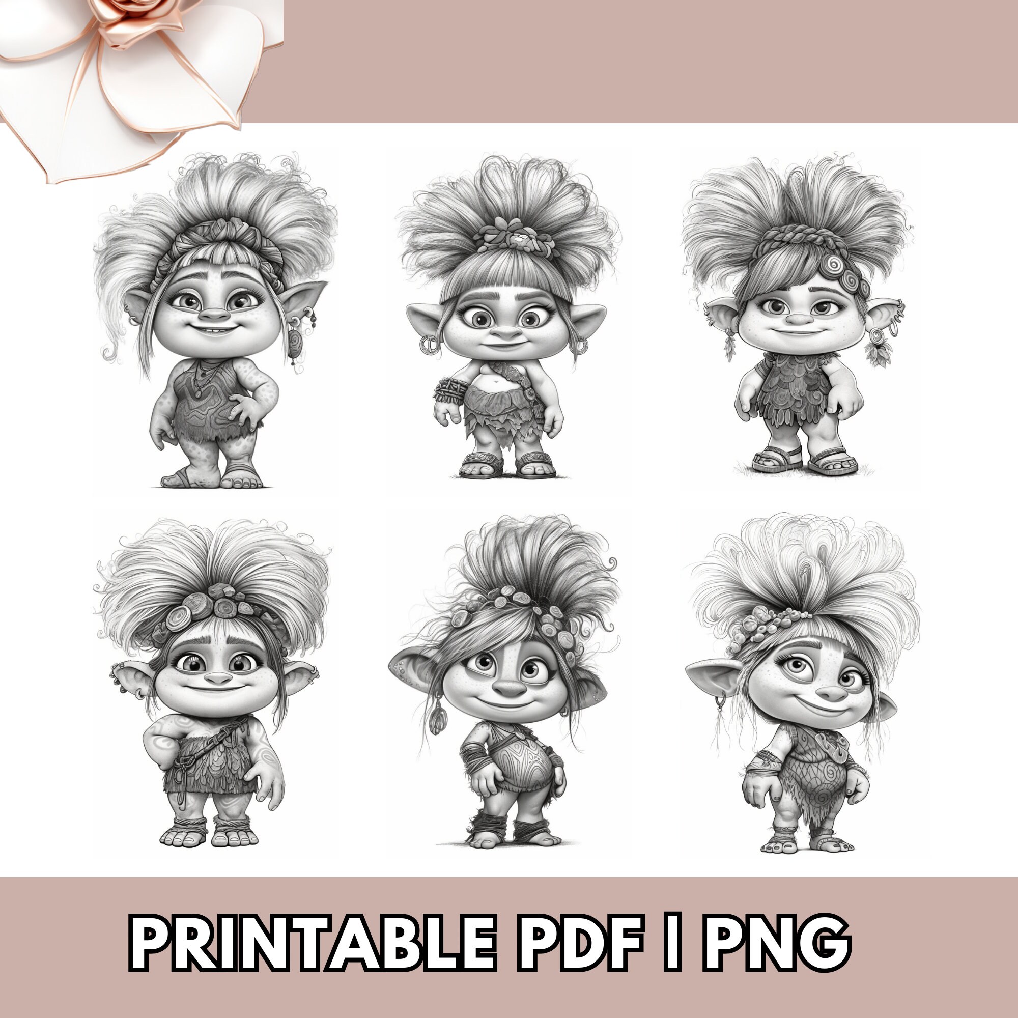 Magical Enchanted Cute Trolls Realistic Grayscale Fantasy Coloring Book ...