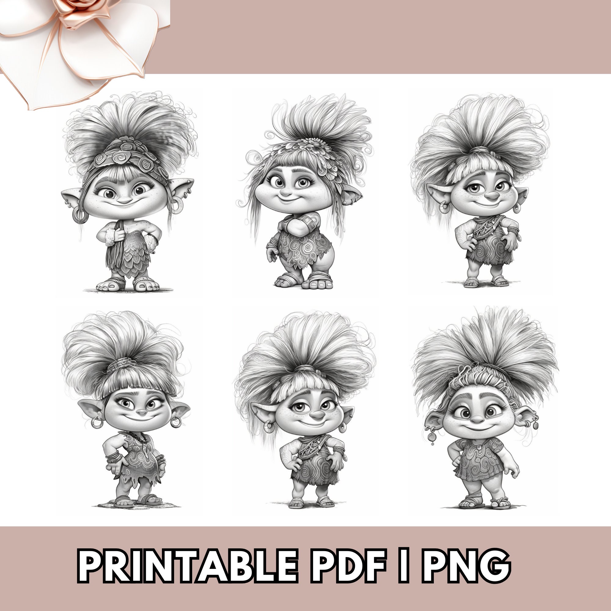 Magical Enchanted Cute Trolls Realistic Grayscale Fantasy Coloring Book ...