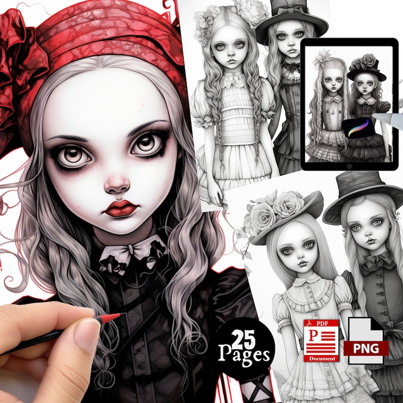 Creepy Dolls Sisters Grayscale Horror Gothic Coloring Sheet Pages for ...
