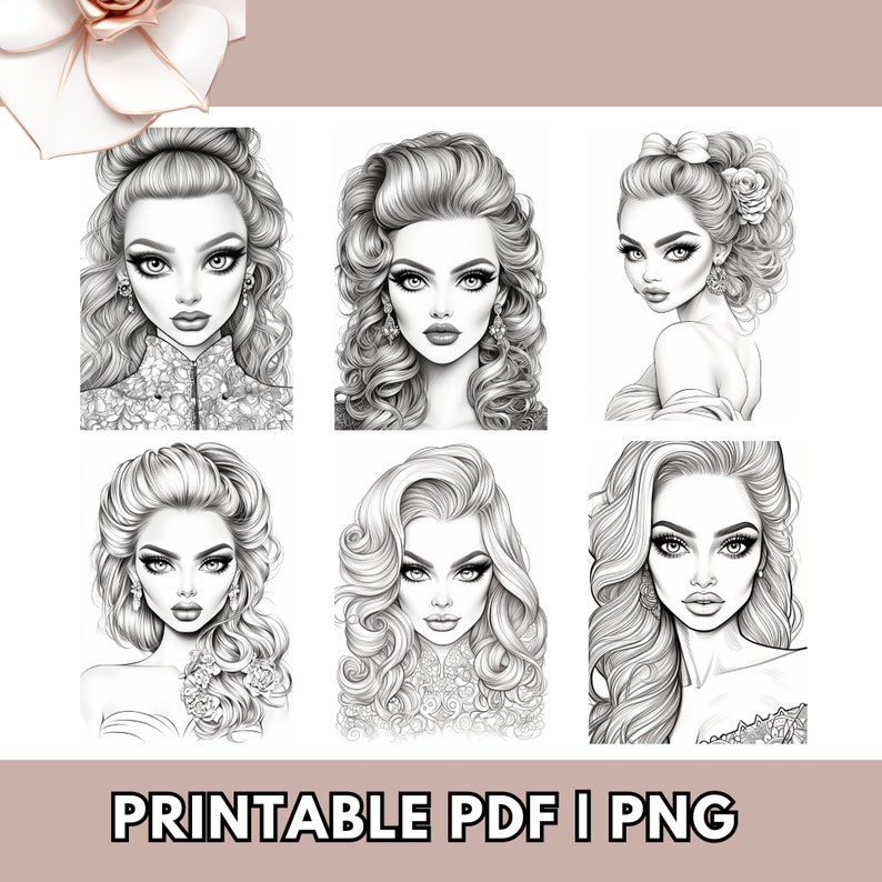 100 Beauty Queens Grayscale High Fashion Colouring Sheet Pages for ...