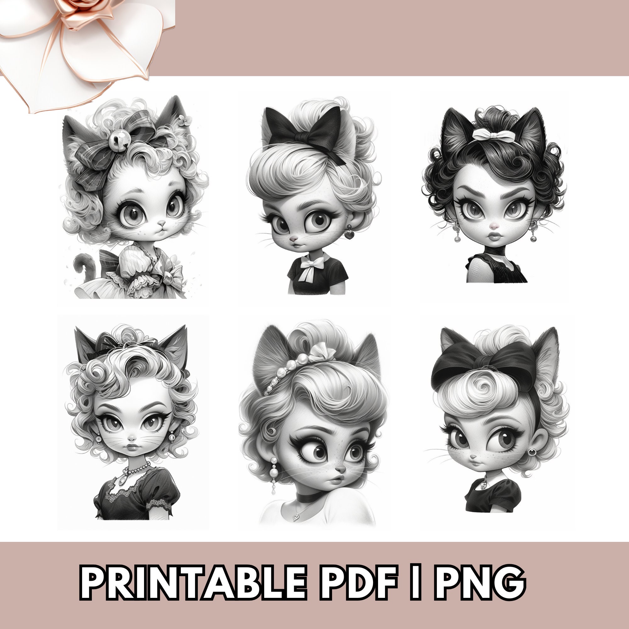 Cute Cat Coloring Grayscale Coloring Pages Procreate Brushes Available ...