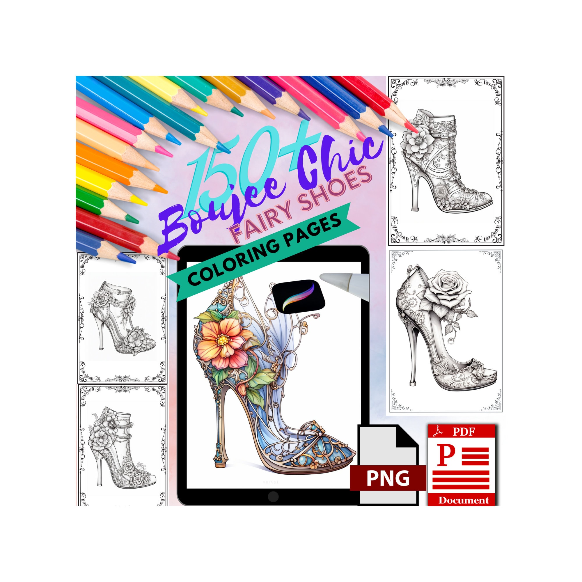 Beautiful Grayscale Coloring Pages, Boujee Chic Fairies Shoes Coloring ...